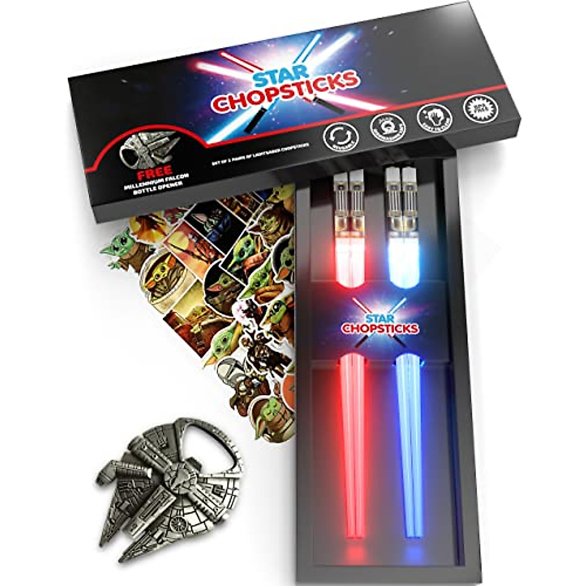STAR CHOPSTICKS | FREE BOTTLE OPENER & STICKERS | 2 PAIRS DARK BOX | Lightsaber Chopsticks | Star Gifts and Toys for Kids | LED Light Up Reusable Safe Chopstick (Old Model)