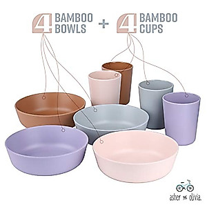 Kids Bamboo Bowls and Cup Set - 8 Piece Kids Bowls and Bamboo Cups for Kids - Bowls for Kids - Dishwasher Safe, Eco-Friendly