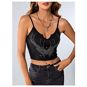 SOLY HUX Women's Y2k Gothic Lace Trim Cami Crop Top Sleeveless Sexy Tank Tops Camisole Clubwear Outfit Black Rhinestone Heart L