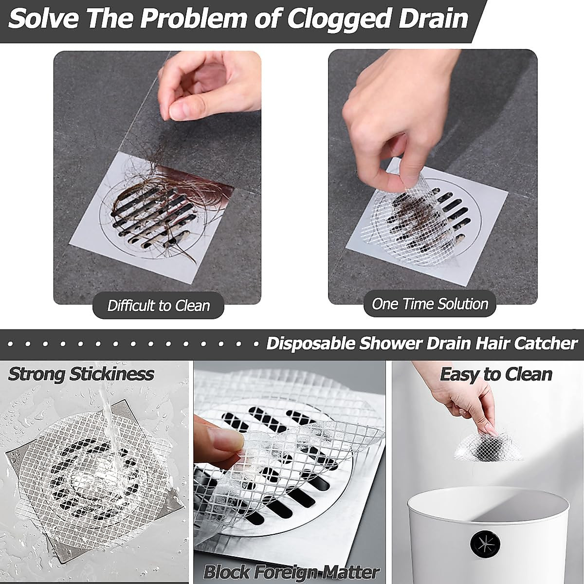 30 Pack Disposable Shower Drain Hair Catcher for Home Drain Protectors, Shower Drain Waterproof Mesh Sticker for Bathroom and Bathtub Drain Covers.