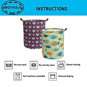 Collapsible Round Storage Bin - WOYASUI Large Laundry Hamper Waterproof Organizer with Handles / Home Decor / Toy Books Holder Clothes Nursery Basket（2 PACKS,Colour Fish & Purple Love Heart）