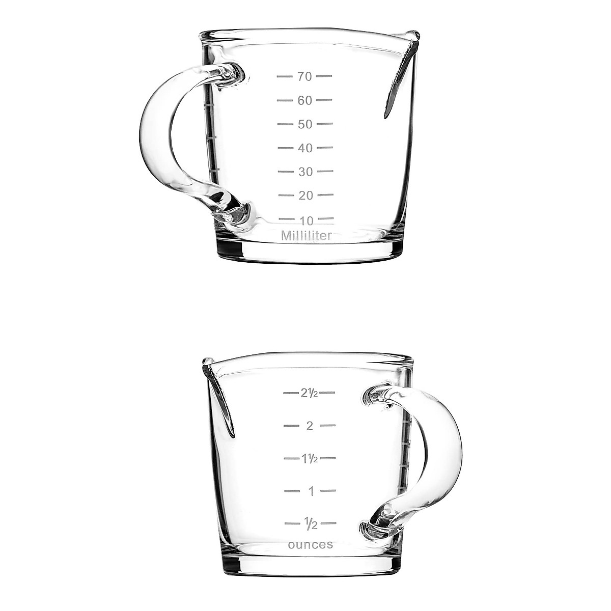 QWORK Espresso Shot Glass with Handle, 2 Pack 3-Ounce Double Spout Glass Measuring Cup Triple Pitcher Milk Cup with Two Scales (OZ&ML)