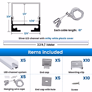 Muzata 5Pack 3.3ft/1M LED Strip Channel with Hanging Wire, Spotless Frosted Diffuser Cover for Garages, Workshops Ceiling Light Daylight, Wide FlushMount Aluminum Profile Track U116 WW, LS2