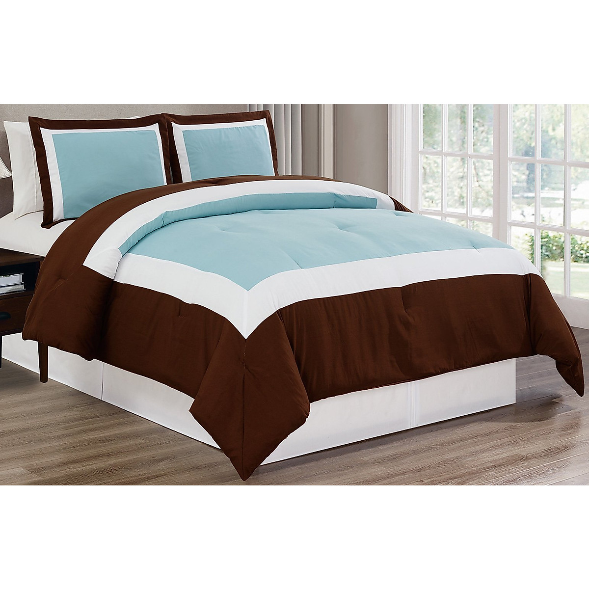 Grand Linen 3-Piece Light Blue/Brown/White Color Block Duvet Cover Set, King Size Includes 1 Cover and 2 Shams - Brushed Microfiber - Luxury, Ultra Soft and Durable