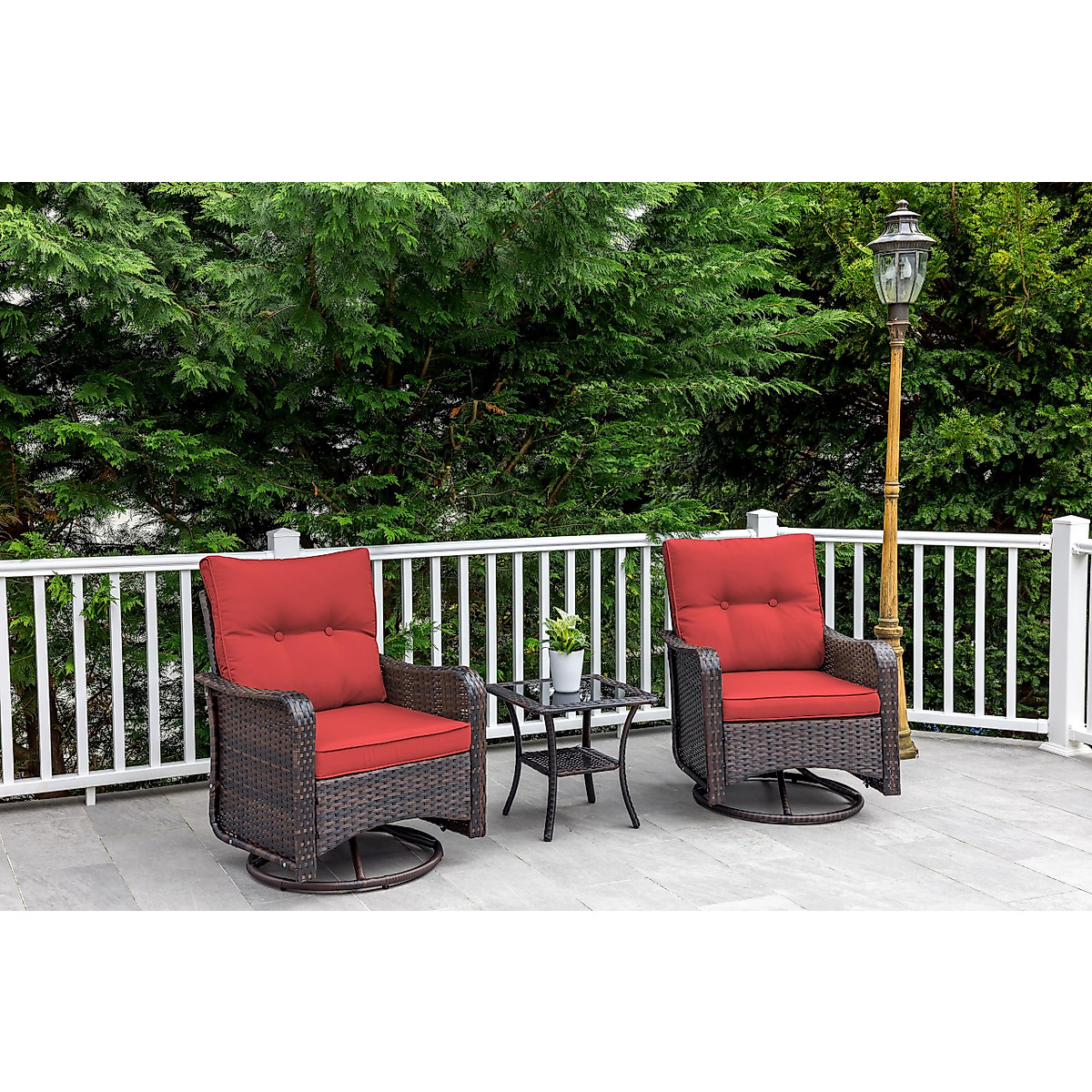 Gotland 3 Pieces Patio Swivel Rocker Wicker Chairs-Outdoor Swivel Rocking Chairs with 1 Rattan Coffee Table&2 Red Thickened Cushions Outdoor Furniture Conversation Sets for Patio Porch Garden