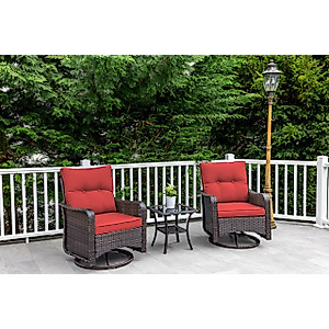 Gotland 3 Pieces Patio Swivel Rocker Wicker Chairs-Outdoor Swivel Rocking Chairs with 1 Rattan Coffee Table&2 Red Thickened Cushions Outdoor Furniture Conversation Sets for Patio Porch Garden