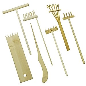 Cayway 7 PCS Garden Rake Kit, Garden Zen Rake Tools Sand Garden Kits Bamboo Rakes Tool Bamboo Rakes Holder with Moss Rakes Brusher Spoon for Man Women