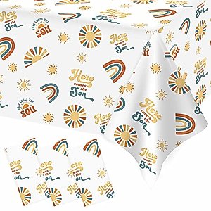 Lopeastar 3 Pieces Here Comes The Son Baby Shower Decorations Tablecloths, Large Size 54 x 108 Inch Rectangular Plastic Boho Sun Party Table Cover, Sunshine Table Cloths for Boys Kids