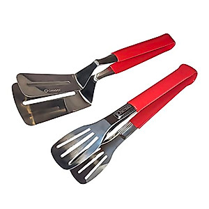 2pcs 304 Stainless Steel Kitchen Cooking Tongs Clip, Multifunctional Spatula Pliers for Steak Fish Bread Hamburger BBQ Frying Pancake Egg Pies Pizza,not Hot with Rubber Handle