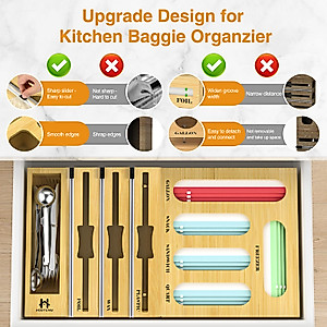 HOSTENU Storage Bag Organizer for Kitchen Drawer, 9 in 1 Foil and Plastic Wrap Dispenser with Cutter, Bamboo Plastic Baggie Organizer for Gallon, Quart, Sandwich, Snack & 12"" Rolls, Orange