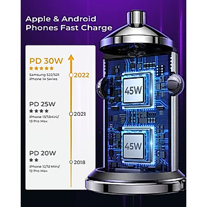 USB C Car Charger, [PD45W & QC45W]Dual Fast Ports Fast Charge Car Charger [All Metal & Mini]Cigarette Lighter Adapter for iPhone 14/13/12 Pro Max Samsung S22/21 Note20/10 Google Pixel, iPad Pro-Sliver