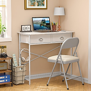 DAOUTIME Small Writing Desk for Kids Bedroom, 31.5 Inch Small Computer Desk for Small Spaces, Simple Desk with 2 Fabric Drawers for Home Office, Dorm, Living Room, Home Study Table, White