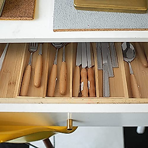 KAHOO Bamboo Kitchen Drawer Organizer, Kitchen Drawer Organizer and Utensil Organizer, Silverware Organizer with Grooved Drawer Dividers for Kitchen Utensil and Flatware Bedroom Office