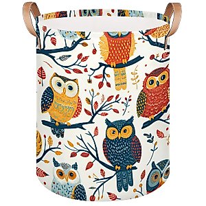 Tablerazzi Laundry Hamper Owl Colorful Large Collapsible Laundry Baskets Waterproof Clothes Hamper with Leather Handles for Bedroom, Bathroom, Dorm, Toys