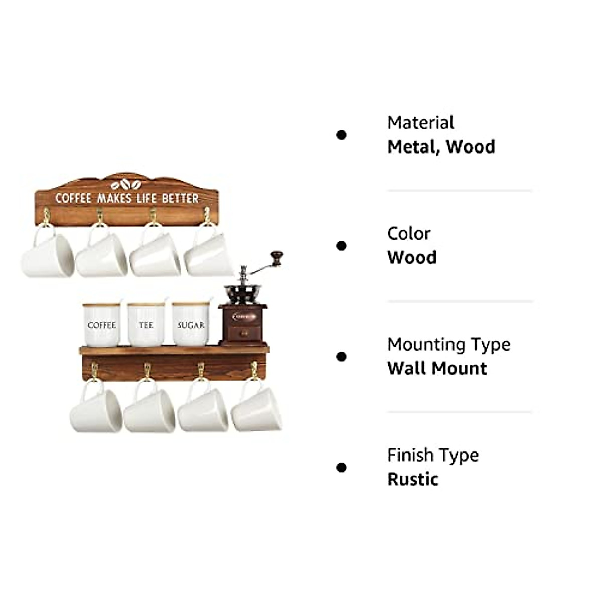 JACKCUBE Design Coffee Mug Rack, Wall Mounted Wooden 12 Coffee Cup Holder Organizer with Coffee Sign for Home Kitchen Cafe Decor - MK737A