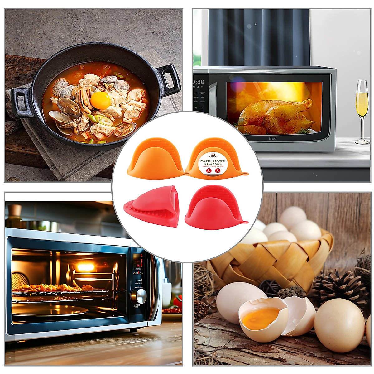 2 Pair Silicone Mini Oven Mitts, Kaloo Heat Resistant Cooking Pinch Mitts Potholder for Kitchen Cooking & Baking (Orange and Red)