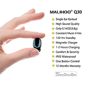 MALIHOO Mini Bluetooth Earbud Small Wireless Invisible Headphone，Single Earphone with 6 Hour Playtime for iPhone and Android Smart Phones PC TV Audiobook
