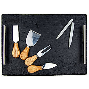 Slate Cheese Board Set - Deluxe Cheese Serving Tray with Stainless Steel Handles - Includes 4 Cheese Knives and 2 Soapstone Chalks - Great for Home & Restaurant Cheese Tapas & Appetizers Serving