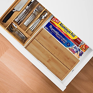 Calsign Plastic Wrap Dispenser with Cutter Bamboo 2 in 1 Aluminum Foil Organizer and Wax Paper Holder for Kitchen Drawer Compatible with 12" Roll Parchment Paper Cling Wrap Reusable Dual Organization