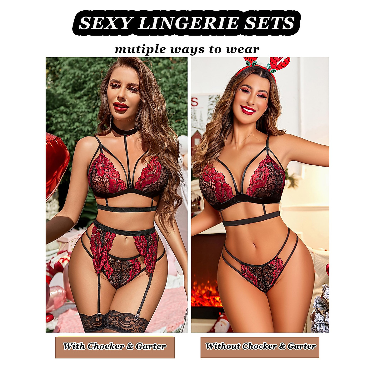 Avidlove Lace Garter Lingerie Set with Removable Choker Teddy Babydoll Strappy Bra and Panty Set (No Stockings) Black&red Large