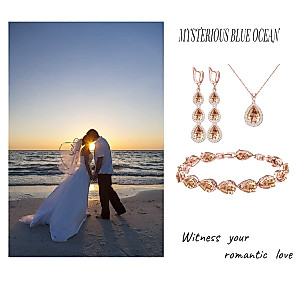 LMXXVJ Rose Gold Plated Necklace Long Earrings Bracelet Jewelry Set,Teardrop Champagne Cubic Zirconia Women's Jewelry Sets Prom Wedding Birthday/Anniversary Mother’s Day Jewelry Gifts