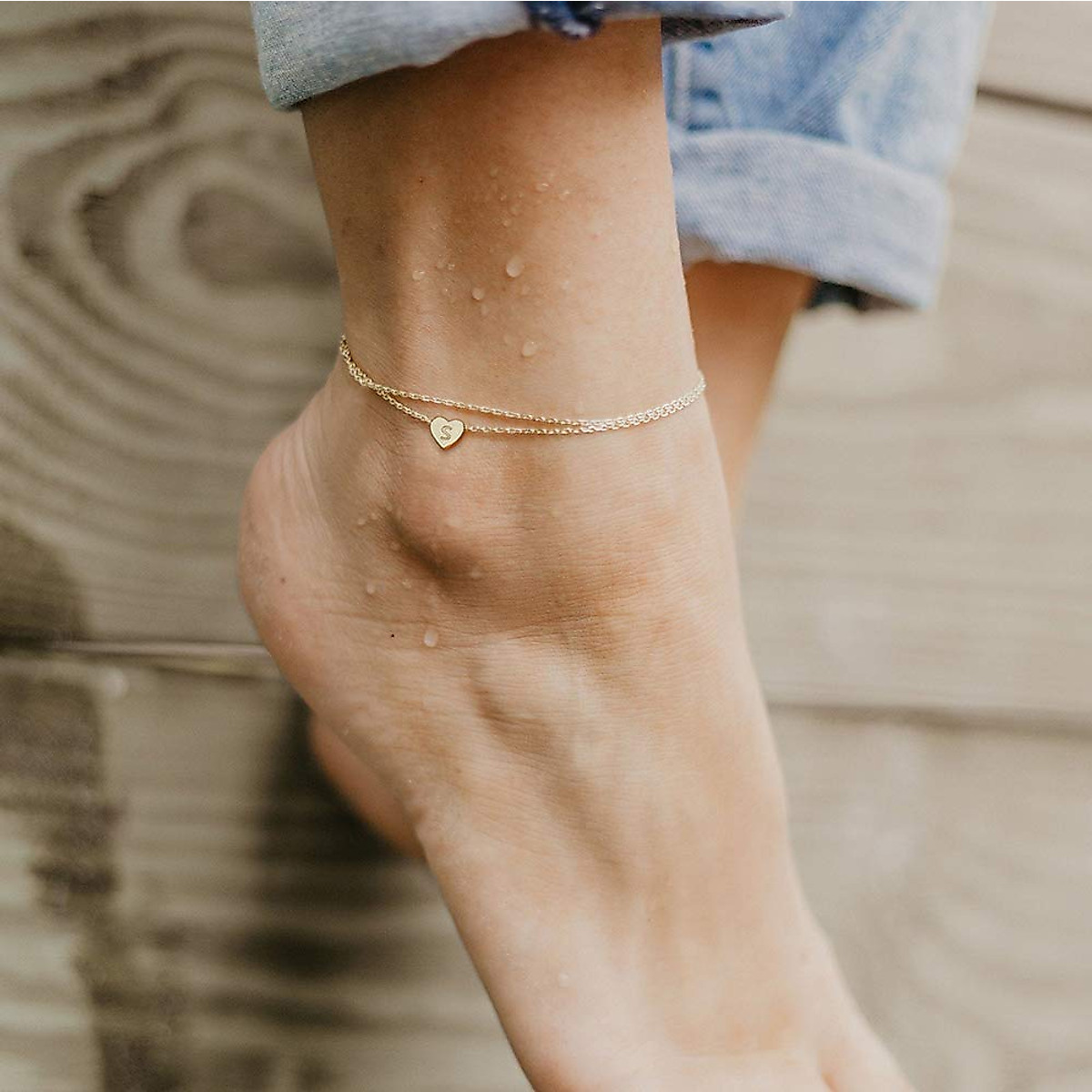 Ursteel Ankle Bracelets for Women, C Initial Anklets 14K Gold Plated Dainty Layered Heart Anklet Letter C Anklets for Women