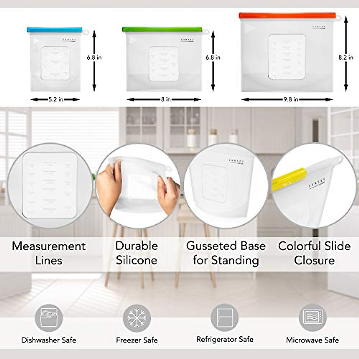 Sunset House Reusable Silicone Food Storage Bags -Clear Rainbow for Snacks Meals Fruits Vegetables Cooking Freezing