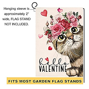 Valentines Cat Garden Flag 12x18 Vertical Double Sided Red Pink Rose Love Heart Spring Farmhouse Holiday Outside Decorations Burlap Yard Flag BW237