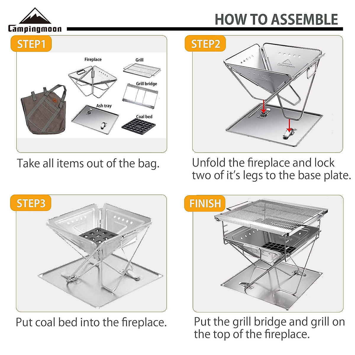 CAMPINGMOON 3-in-1 Portable Stainless Steel Wood Burning Grill and Fire Pit 16x18-inch with Carrying Bag MT-045