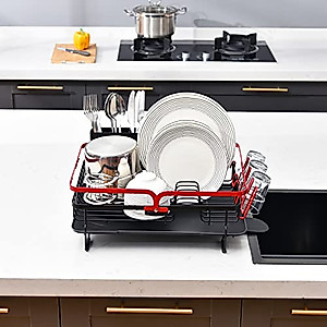TOOLF Dish Drying Rack, 360° Swivel Spout Design Dish Rack with Drain Board for Kitchen Counter, Rust-Proof Dish Rack with Utensil Holder and Cup Holder for Tableware
