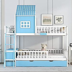 Lepfun Bunk Bed,Full Over Full Size Bunk Bed with Twin Size Trundle Bed, Farmhouse Bed with Storage Box and A Big Drawer for Kidroom,Bedroom and Dorm,Noise Free,No Box Spring Needed,Blue