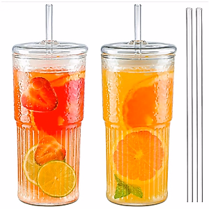 Glass Cups with Lids and Glass Straws, 20OZ Drinking Glasses 2Pcs, Glass Tumbler with Straw and Lid High Borosilicate Glass Tumbler Iced Coffee Cup Water Glass Cups