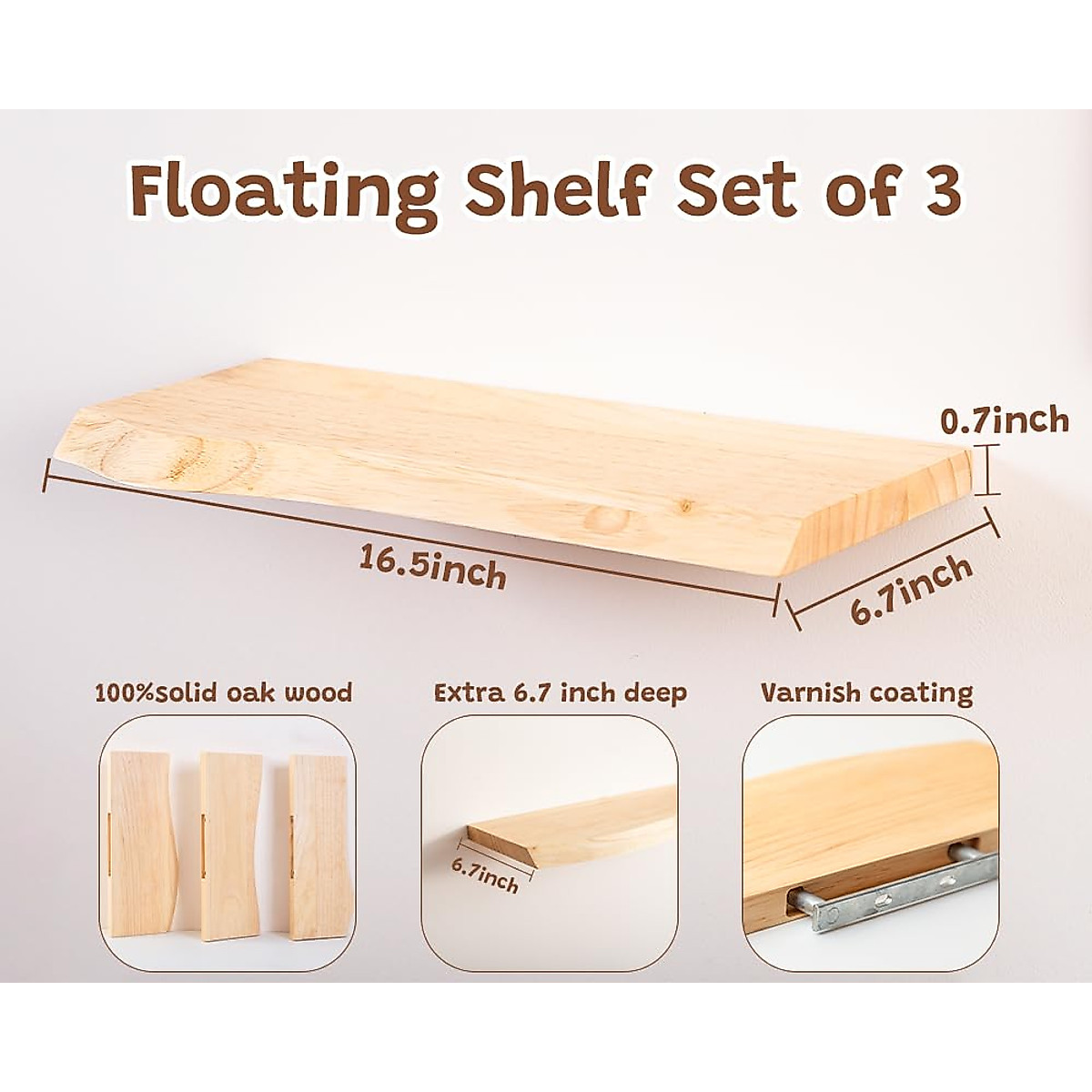 Decent Vrvege Wall Mounted Floating Shelves with Live Edge Design, Irregular Rectangle Wall Decoration Shelf Set of 3, Solid Oak Wood Wall Display Organizer, Home Wall Storage Decor Shelve