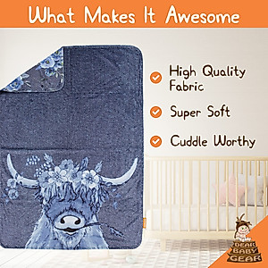 Dear Baby Gear Farm Deluxe Newborn Blanket - Double Layer Reversible, Milestone & Infant Gifts for Girls and Boys - Floral Highland Cow Denim Printed Blanket & Floral Smooth Fabric, 40 x 30 Inches