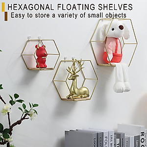 REFSAVER Hexagon Shelves for Wall,Gold Geometric Floating Shelves Wall Decor,Multi-use Metal Wire Wall Display Shelves,Hanging Wall Decor for Bedroom Living Room Kitchen Office,3 Pack,Gold