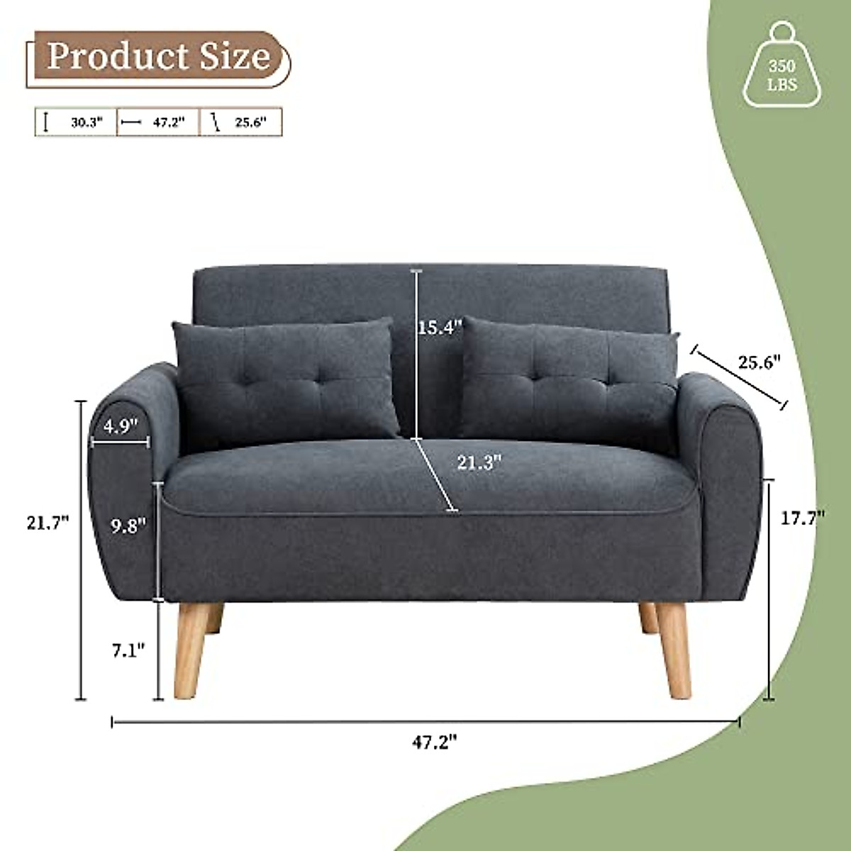 Vongrasig 47" Small Modern Loveseat Sofa, Mid Century Linen Fabric 2-Seat Sofa Couch Tufted Love Seat with Back Cushions and Tapered Wood Legs for Living Room, Bedroom and Small Space (Dark Gray)