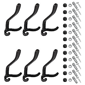 6Pcs Double Prong Coat Hooks Hardware, Towel Hooks Wall Mounted with 12 Screws, Metal Hooks for Hanging Coats, Towel, Hat, Key, Bag, Black