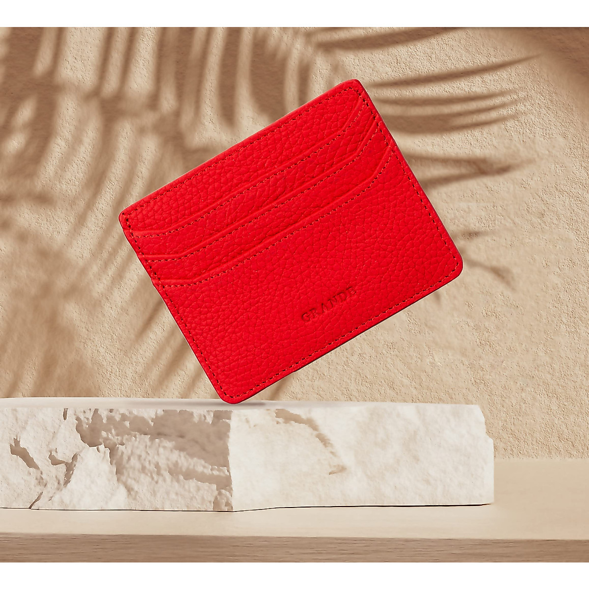 grande 3633 Genuine Leather Card Holder For Women and Men Super Slim Minimalist Small Snap Wallet (Red)