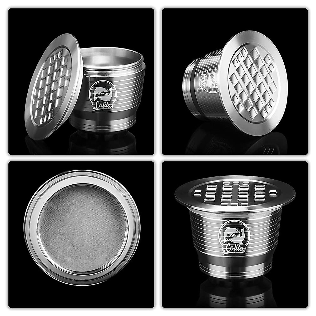 Maiju Compatible With Stainl Steel Coffee Capsule Reusable Refillable Coffee Capsule Cup Filter with Brush Spoon Powder-pr Ring, Square hole