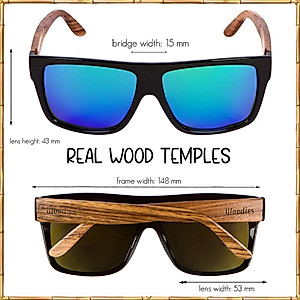 Woodies Oversized Flat Top Aviator Zebra Wood Wrap Sunglasses with Green Lens for Men and Women | 100% UVA/UVB Protection