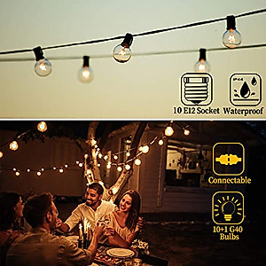 Festival Depot 10FT Patio String Lights with 10 Waterproof G40 Globe Bulbs (1 Spare) for Christmas Halloween, E12 Socket, Warm White