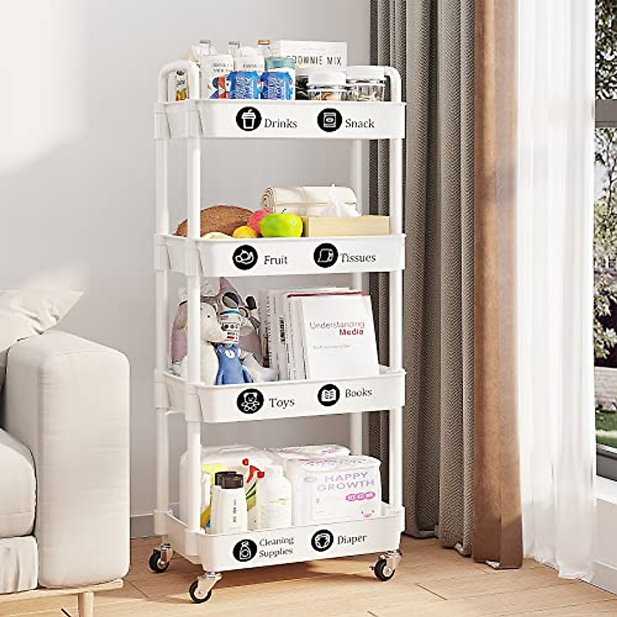 UDEAR 4-Tier Rolling Utility Cart with 12 Category Labels,Multifunctional Storage Shelves with Handle and Lockable Wheels for Room,Office,Kitchen,Bathroom,White
