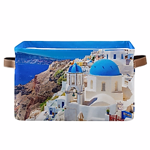 Oyihfvs Oia Town on Santorini Island Greece Famous Houses and Churches 1 PC Rectangle Storage Basket Collapsible Fabric with Leather Handles Bag Organizer Clothes for Home Bedroom 15 x 11 x 9.5 in