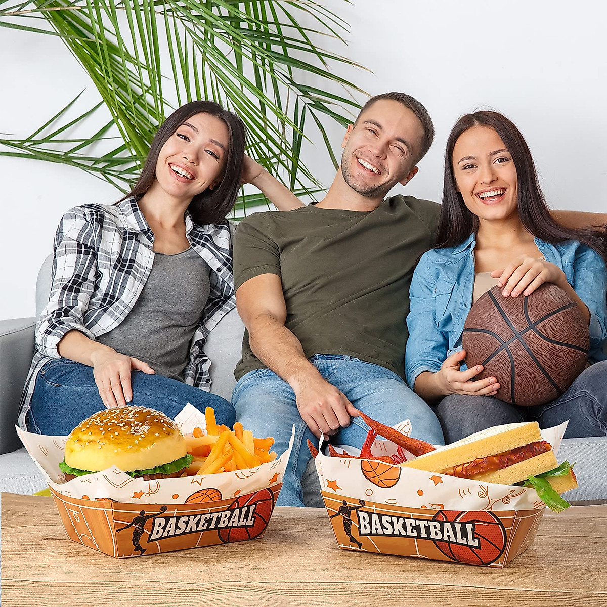 90 PCS Basketball Party Supplies 1.1lb 30 Basketball Paper Food Serving Tray Paper Food Holder Tray Disposable Paper Boat Paper Food Tray with 60 Deli Wrap Wax Paper Sheets for Basketball Party Favor