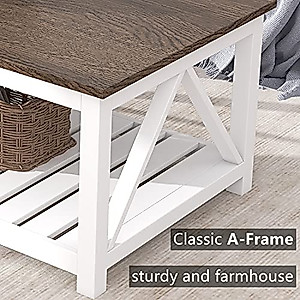 ChooChoo Farmhouse Coffee Table, Rustic Vintage Living Room Table with Shelf, 40 White