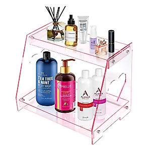 ROYALITA 2 Tier Pink Heart Bathroom Countertop Organizer Display Shelf, Acrylic Tray Vanity Perfume Storage Skincare Organizer for Counter, Cute Bathroom Sink Cosmetic Organizer Shelf