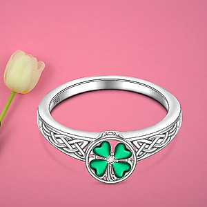 St Patricks Day Shamrock Ring Four Leaf Clover Ring for Women Sterling Silver Celtic Knot Irish Green 4 Leaf Clover Jewelry Prom Valentines Gifts Size 7