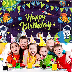 Space Birthday Decorations Banner Outer Space Happy Birthday Banner Backdrop, Astronaut Rocket Space Birthday Banner Space Themed Party Decorations Supplies for Boys Girls Kids 72.8x43.3 Inch