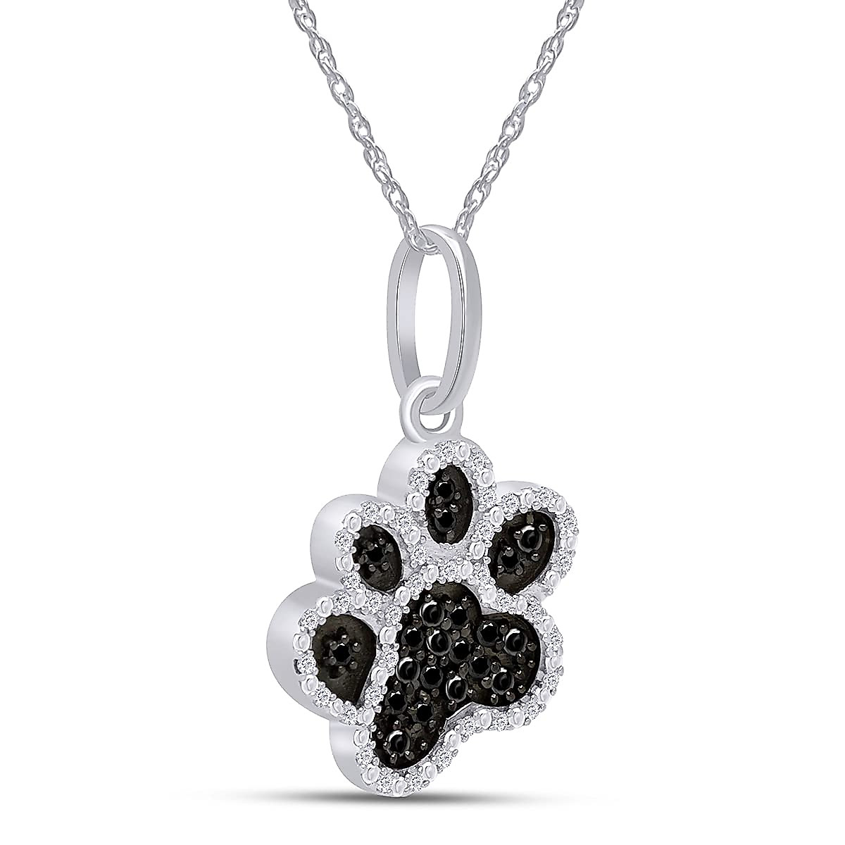 1/5 Carat Round Cut Black & White Natural Diamond Dog Paw Pendant Necklace Along With 18" Chain in 14K White Gold Over Sterling Silver (I2-I3 Clarity, 0.20 Cttw)