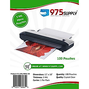 975 Supply 3 Mil Clear Menu Size Thermal Laminating Pouches, 12 X 18 inches, 100 Pouches